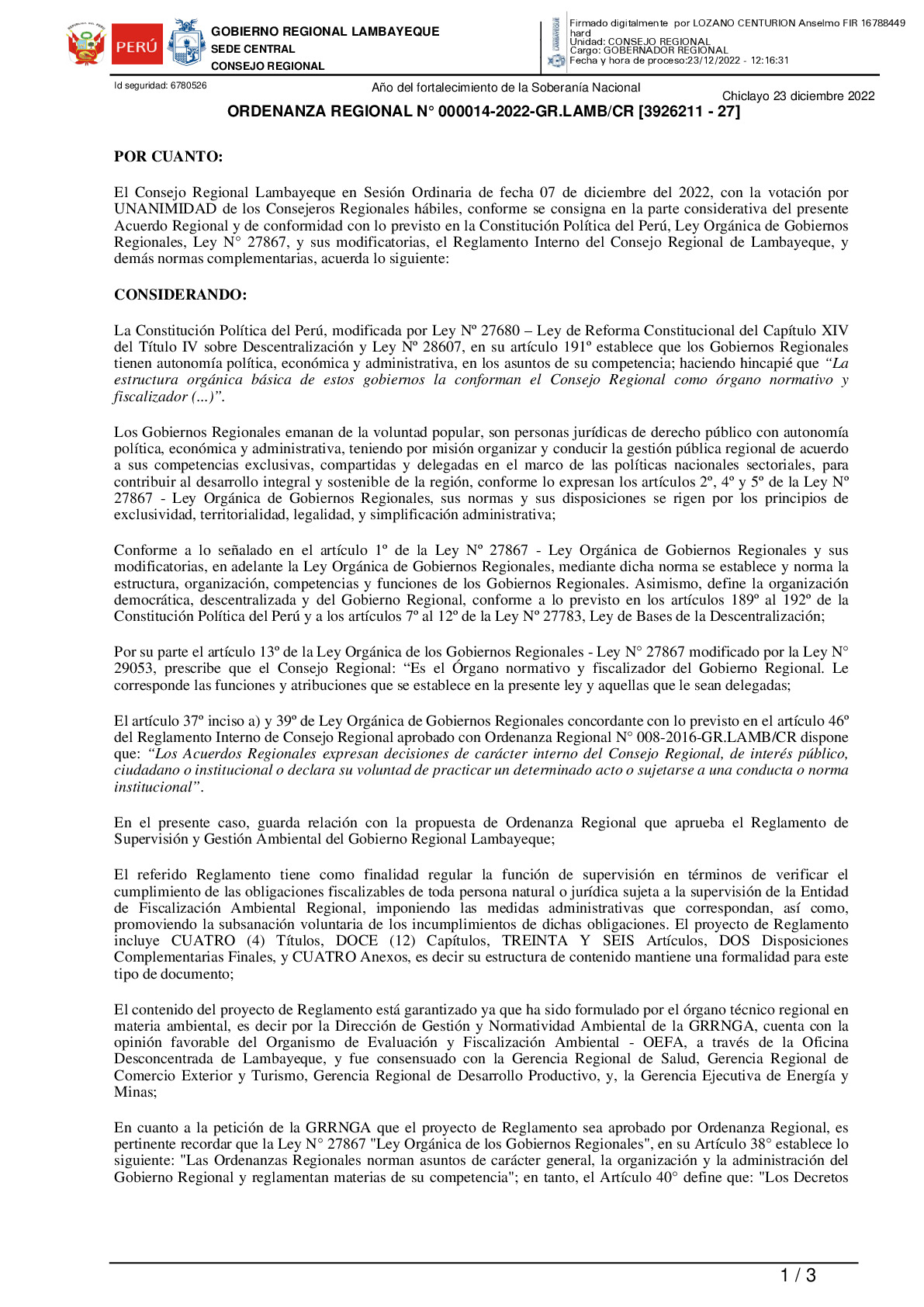 Ordenanza Regional que aprueba el Reglamento de Supervisión y Gestión Ambiental del Gobierno ...
